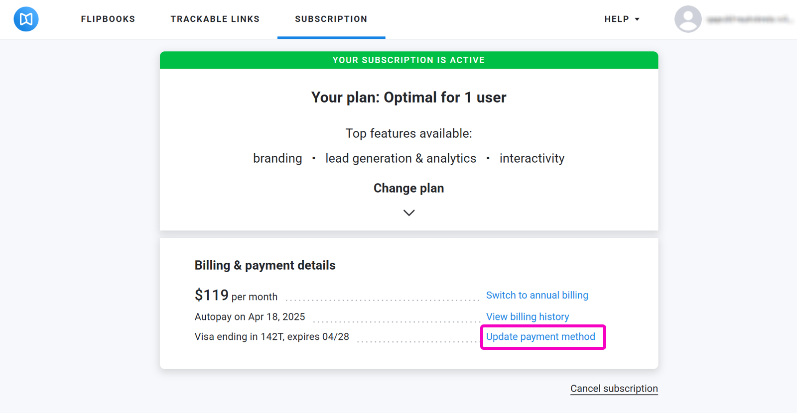 How can I change my credit card or payment method? | FlippingBook